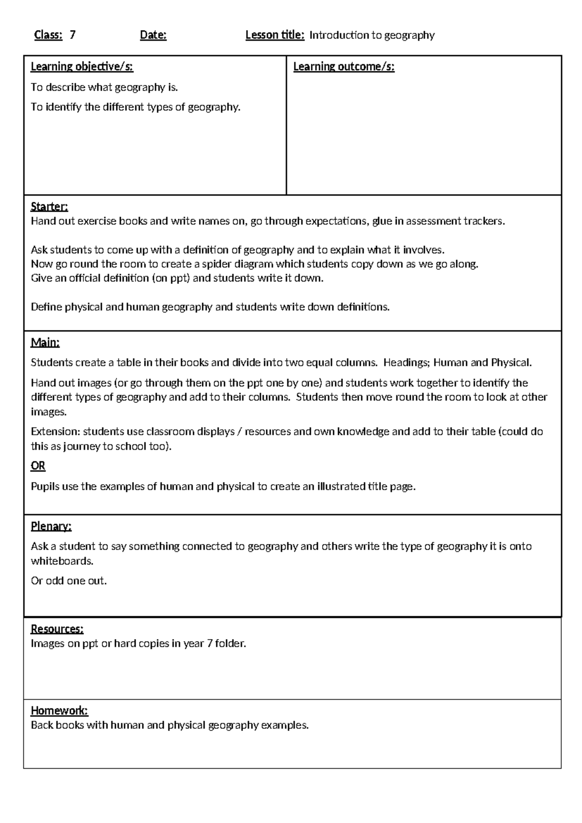 Lesson plan introduction to geography - Class: 7 Date: Lesson title ...