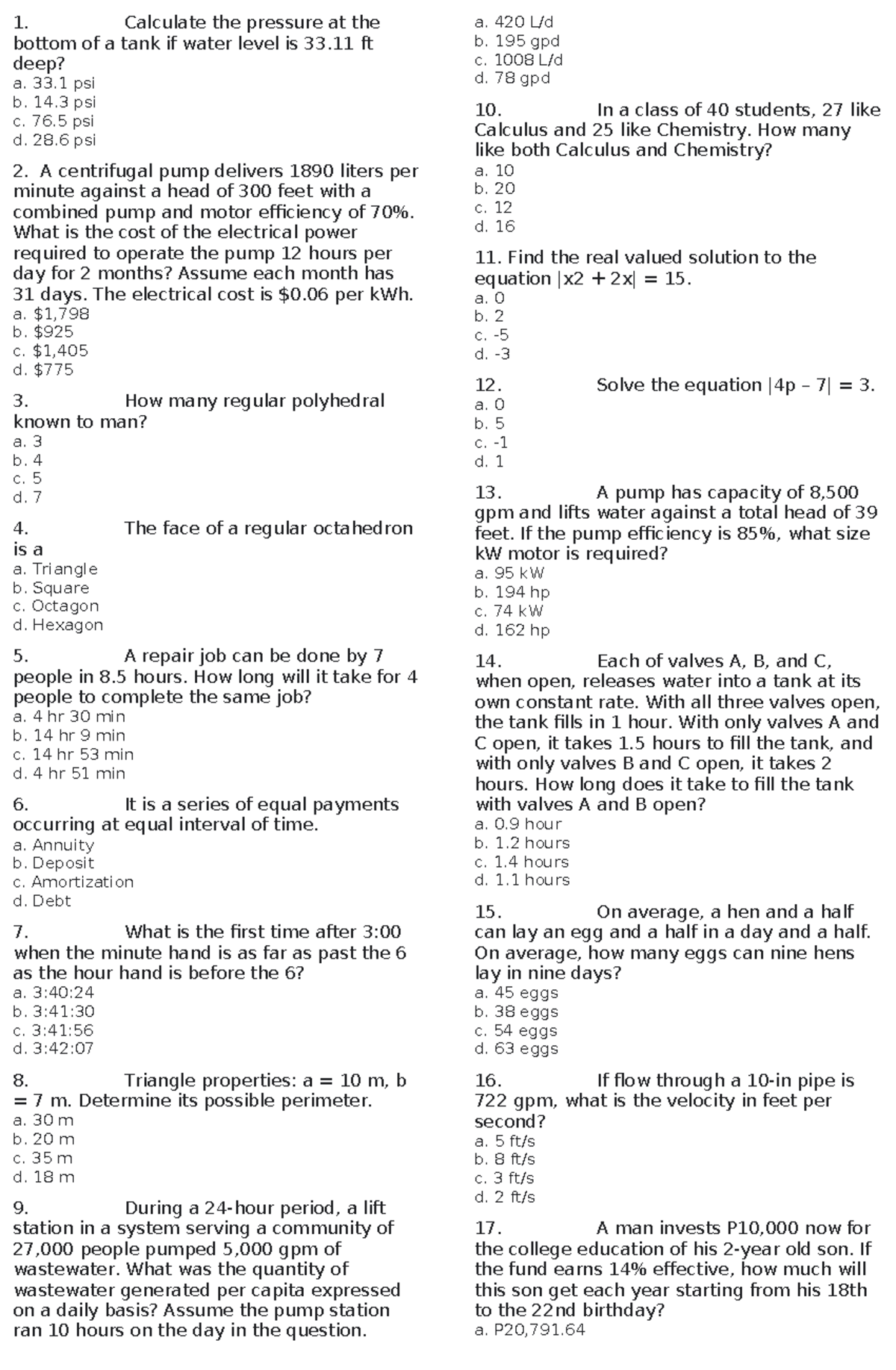 Plumbing Arithmetic Preboard Exam Questions and Solutions - Studocu
