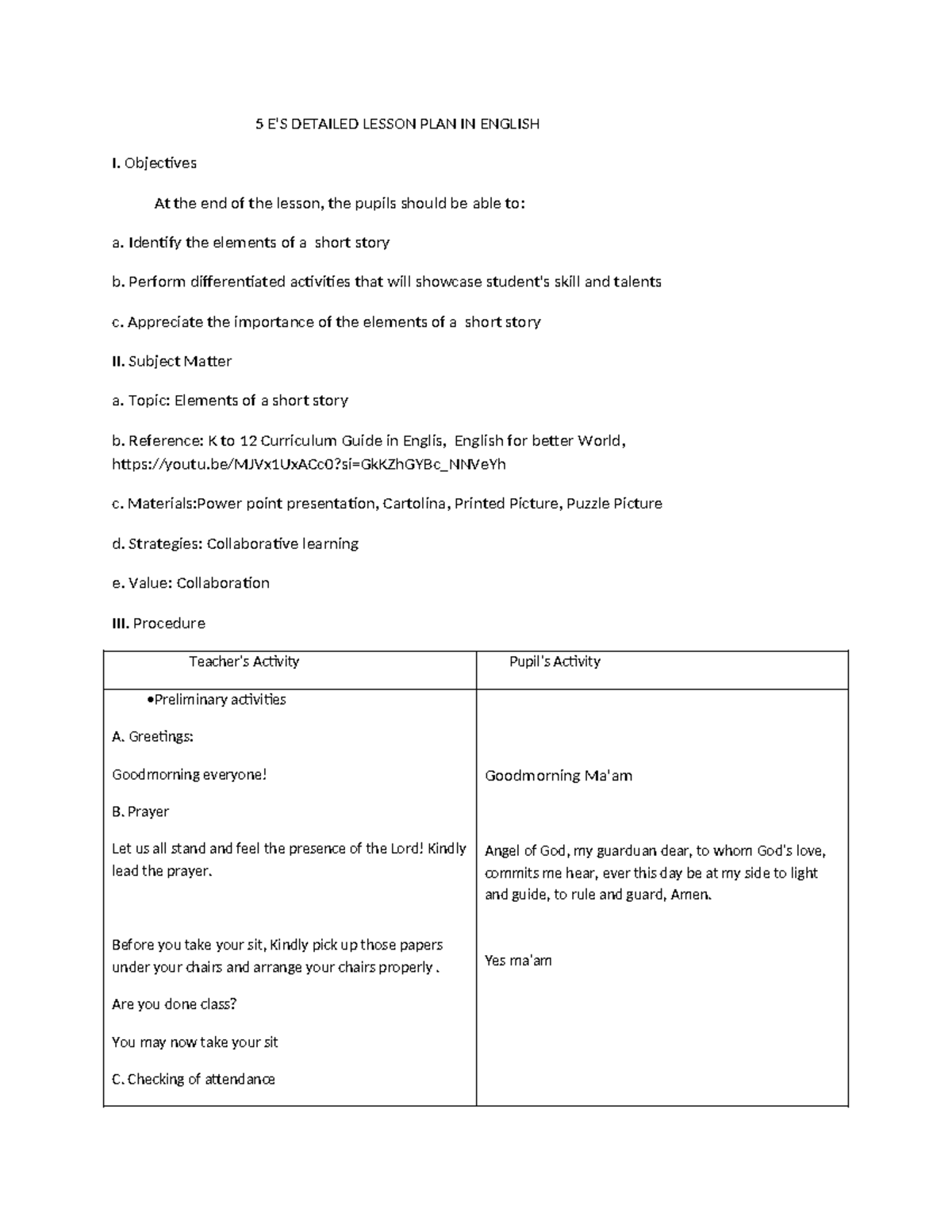 5 E's Detailed Lesson Plan in Eng Lit on Short Story Elements - Studocu