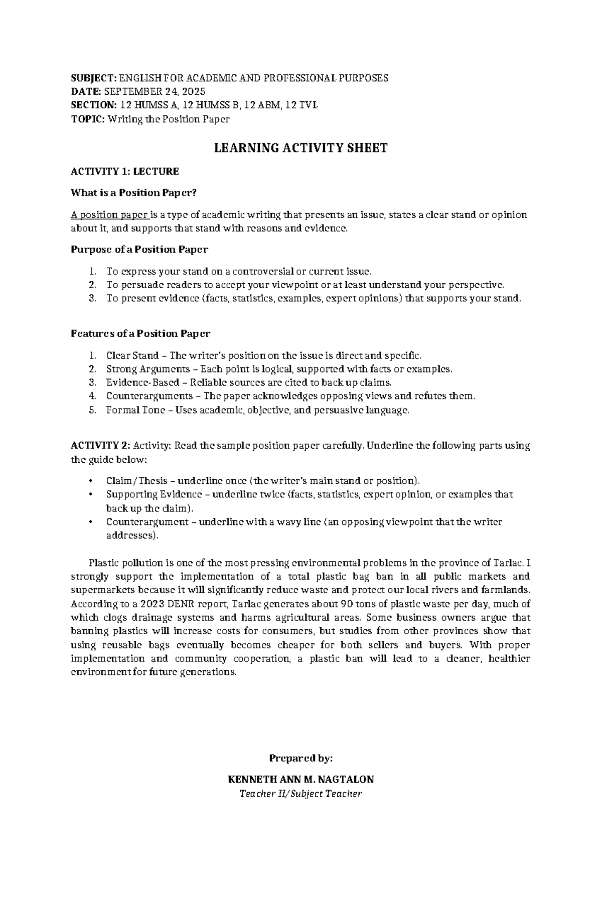 EAPP Lecture: Writing a Position Paper - Sept 24, 2025 - Studocu