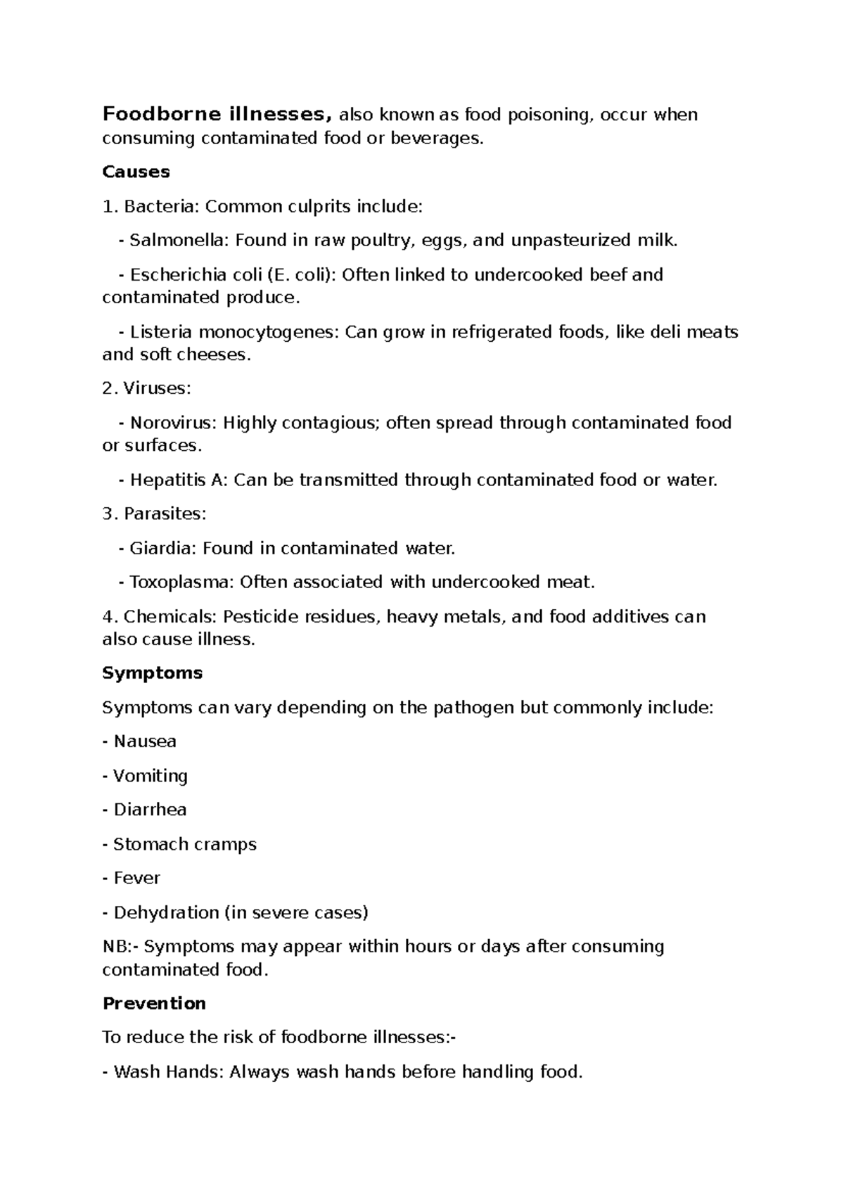 Foodborne Illnesses: Causes, Symptoms, and Prevention Guide - Studocu