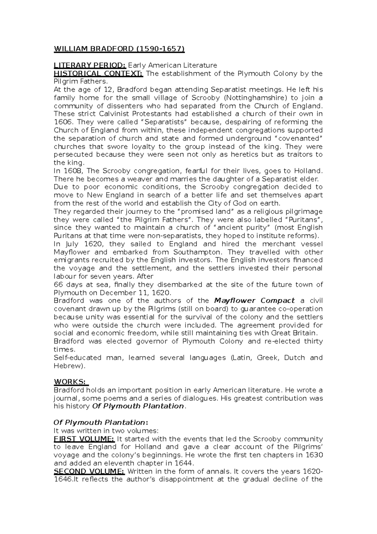 William Bradford - Summary of "Of Plymouth Plantation" (Am Lit to 1900 ...