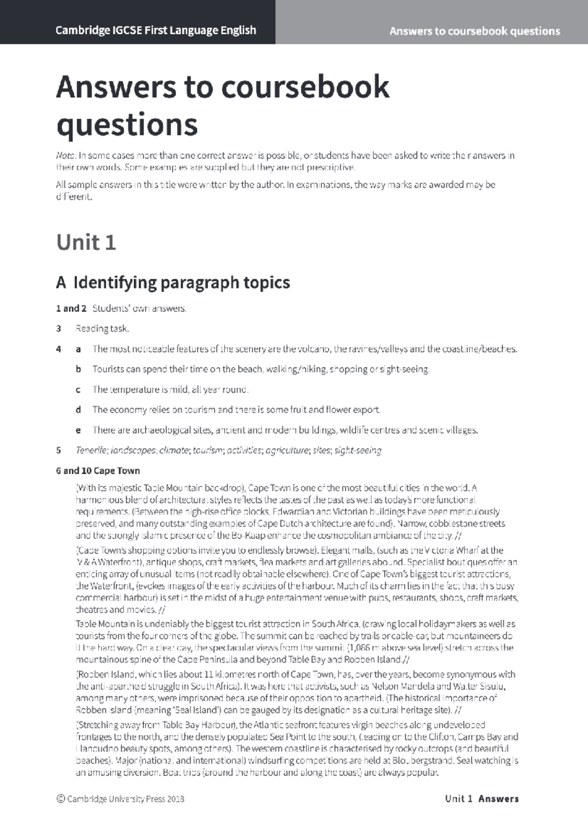 Cambridge IGCSE First Language English Answers to Coursebook Tasks ...