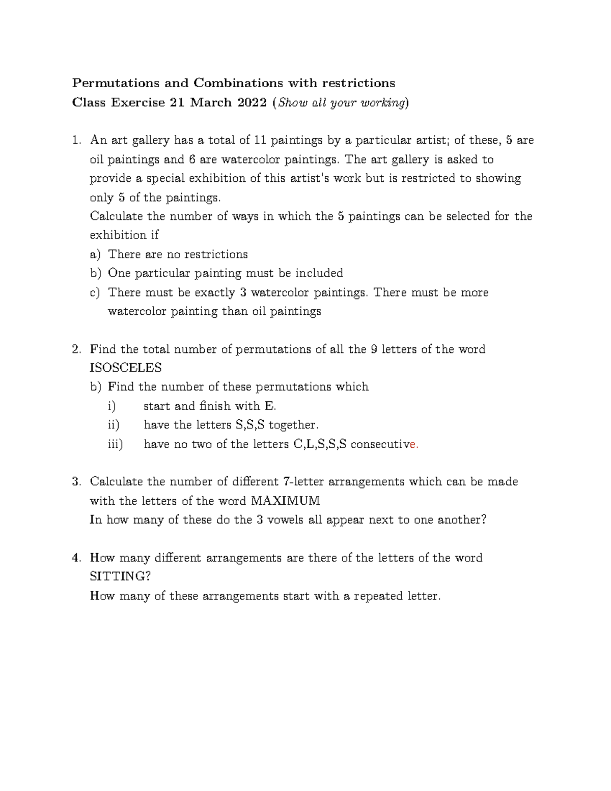 Permutations & Combinations with Restrictions: Class Exercise 21 Mar ...