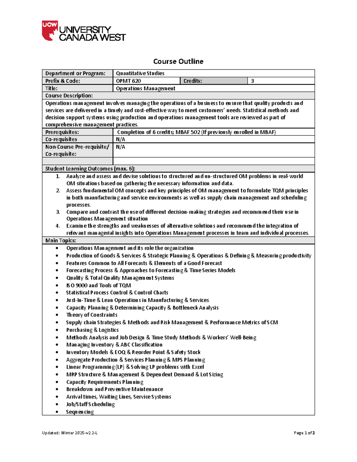 OPMT 620 - Operations Management Course Outline and Study Guide - Studocu