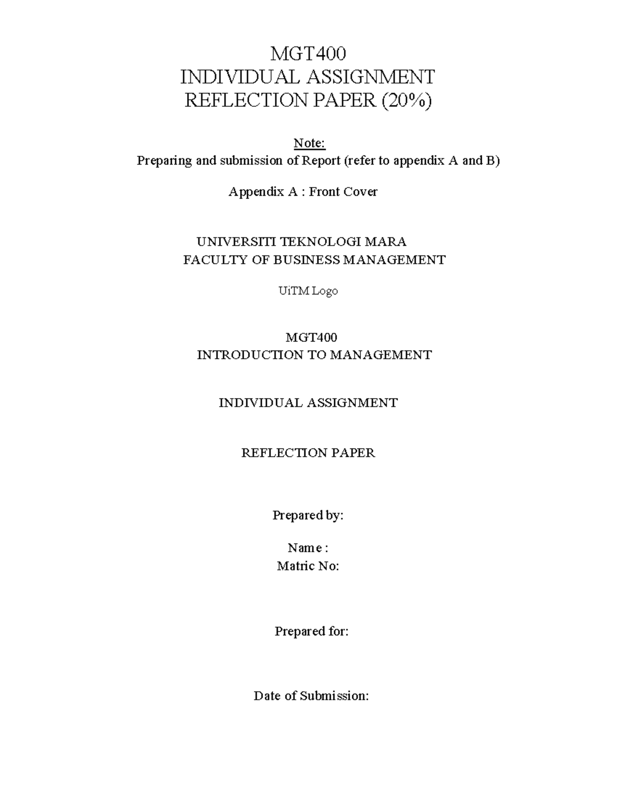 MGT400 Individual Assignment Reflection Paper - Studocu