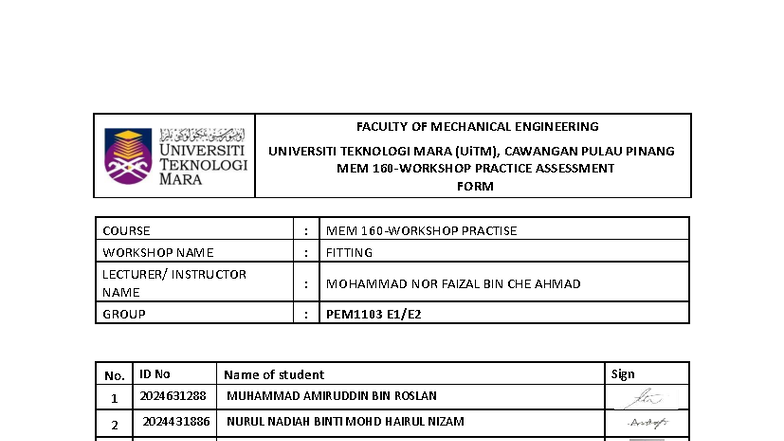 Fitting Technical Report - MEM160 Lab Assessment - Studocu