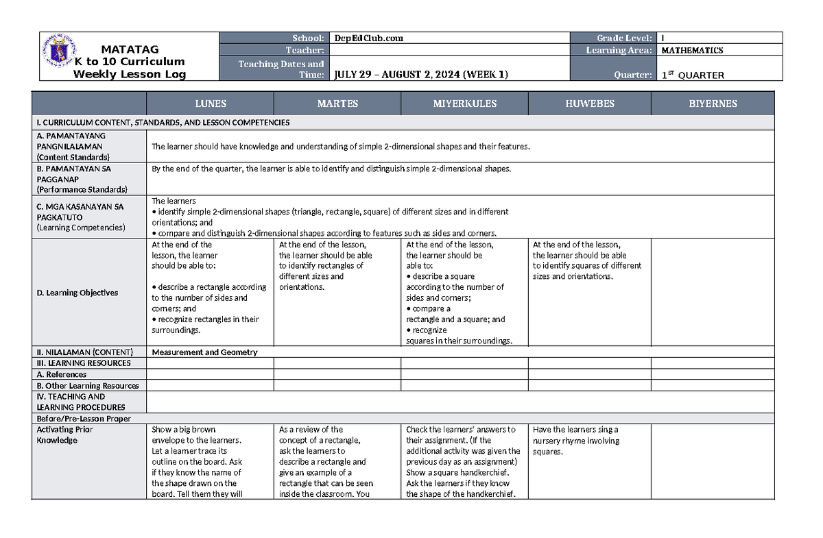 Matatag Mathematics 1 Q1 W1: Exploring 2D Shapes and Their Properties ...