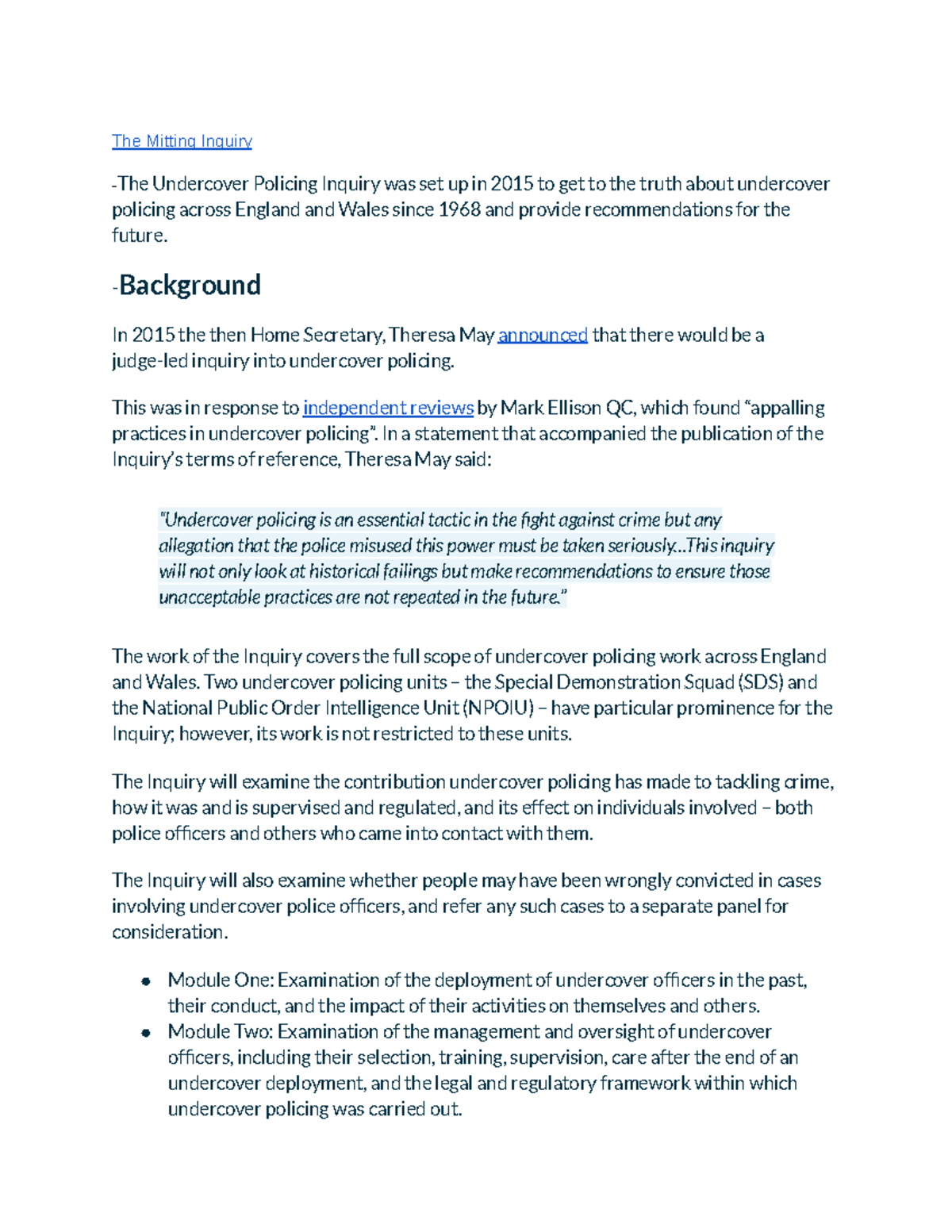 The Mitting Inquiry: Undercover Policing Review (2015-Present) - Studocu