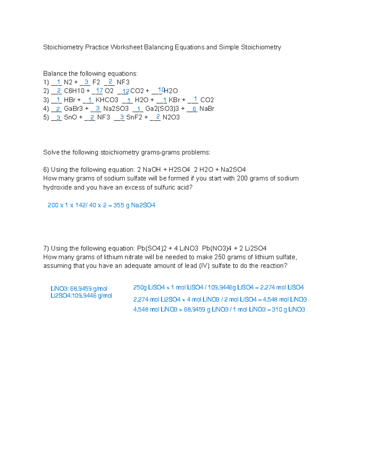 Stoichiometry Practice Worksheet: Balancing & Grams-Grams Problems ...