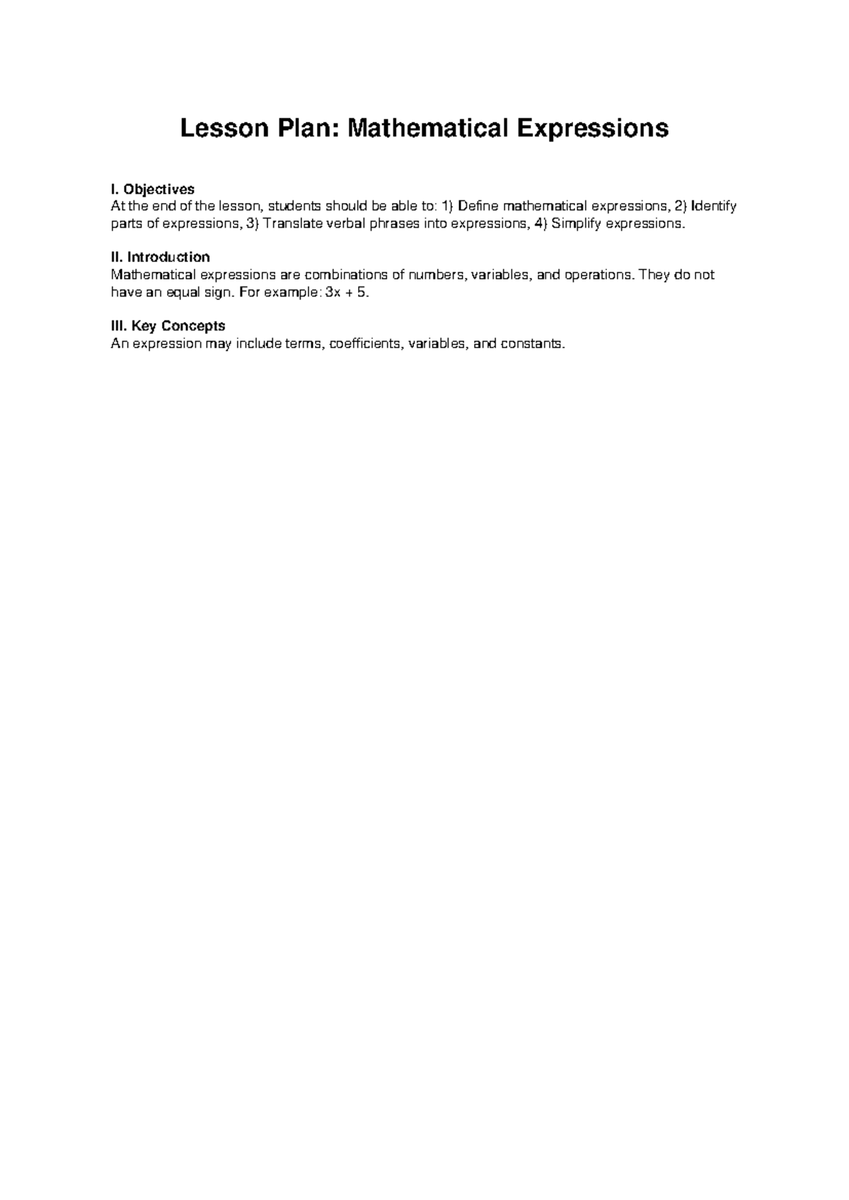 Mathematical Expressions Lesson Plan: Objectives & Key Concepts - Studocu
