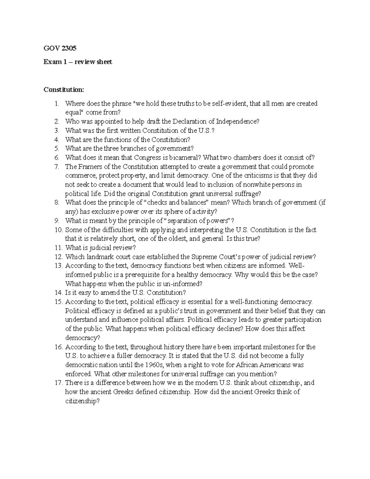 GOV 2305 Exam 1 Review Sheet: Key Constitutional Concepts and ...