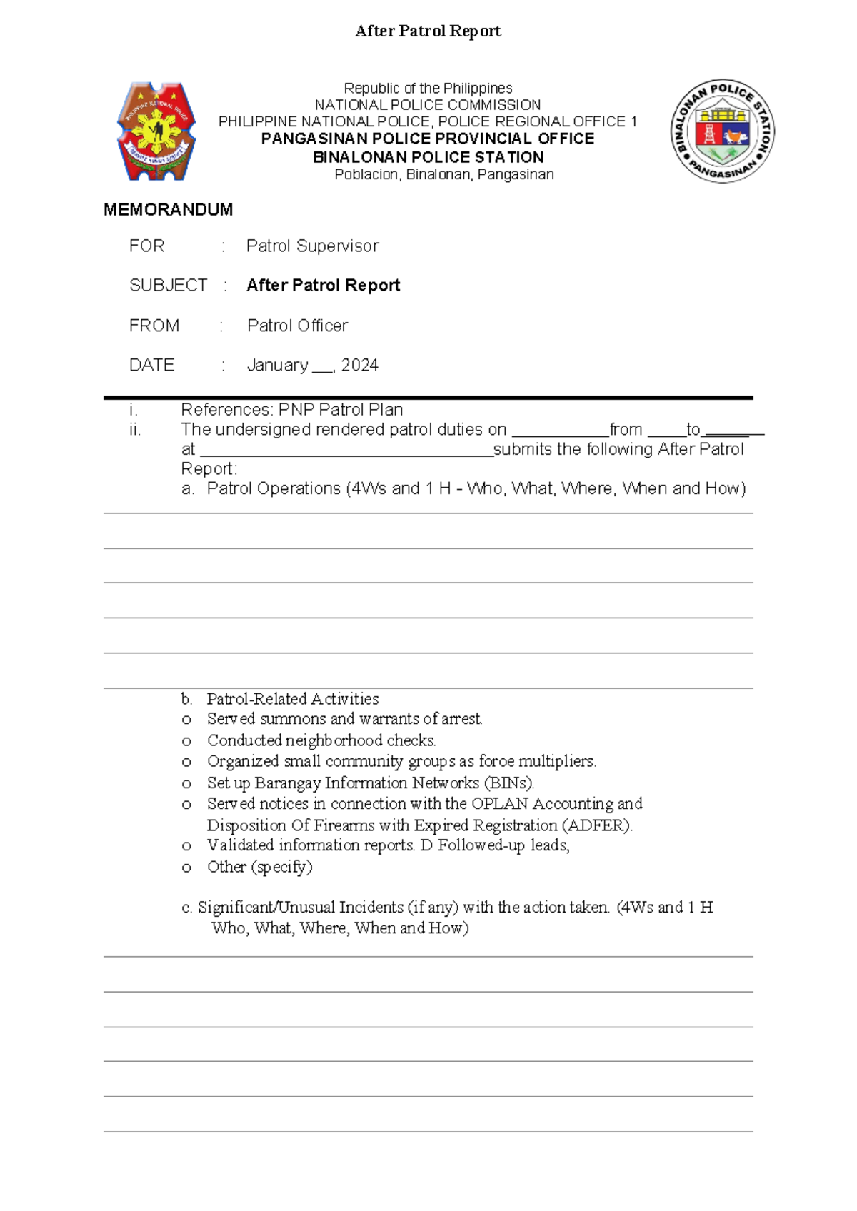 After Patrol Report - Detailed Activities and Incidents Summary - Studocu