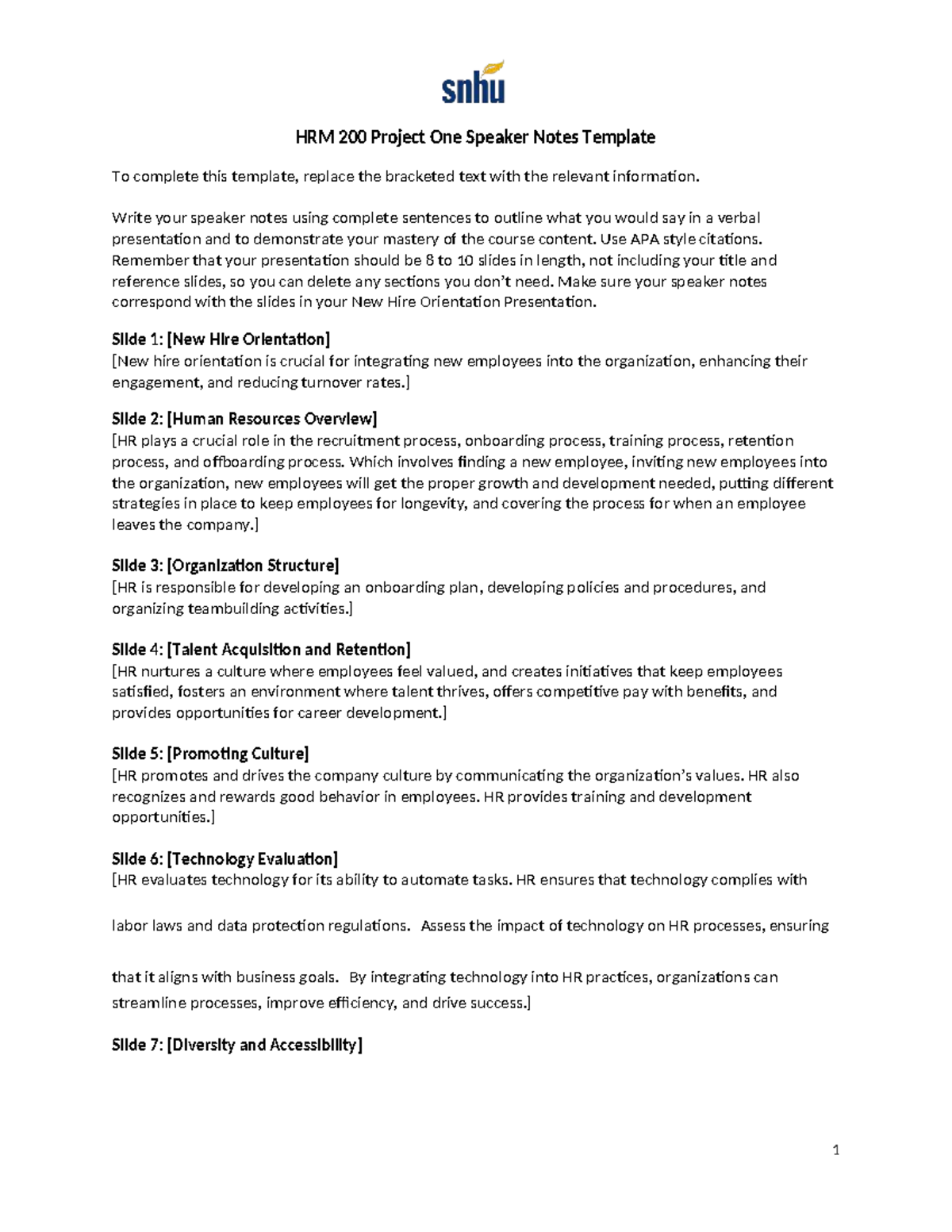 HRM 200 Project One: Speaker Notes for New Hire Orientation - Studocu