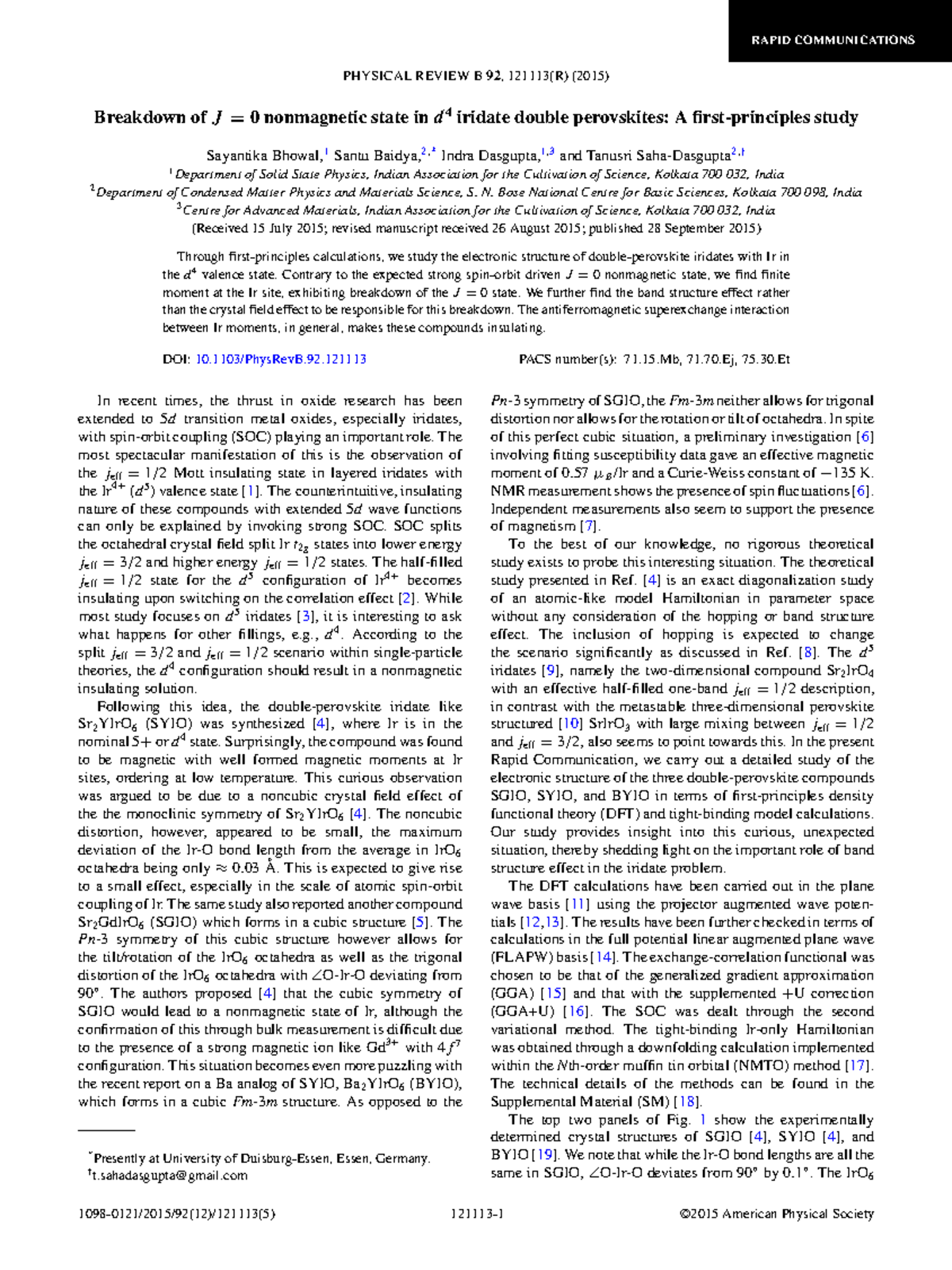 RAPID COMMUNICATIONS PHYSICAL REVIEW B 92, (2015) Breakdown of J0 ...