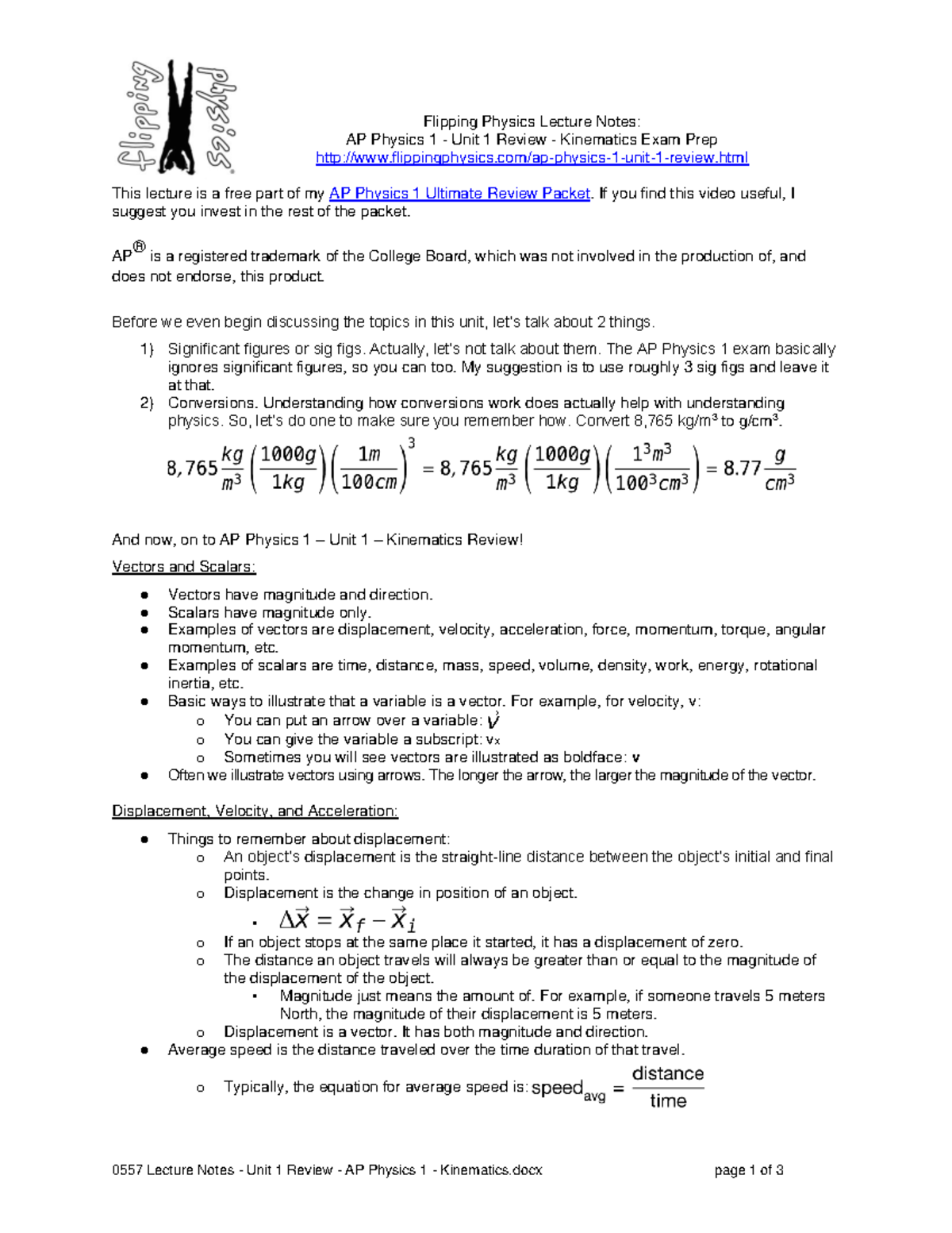 AP Physics 1 0557 Unit 1 Kinematics Exam Prep Lecture Notes - Studocu