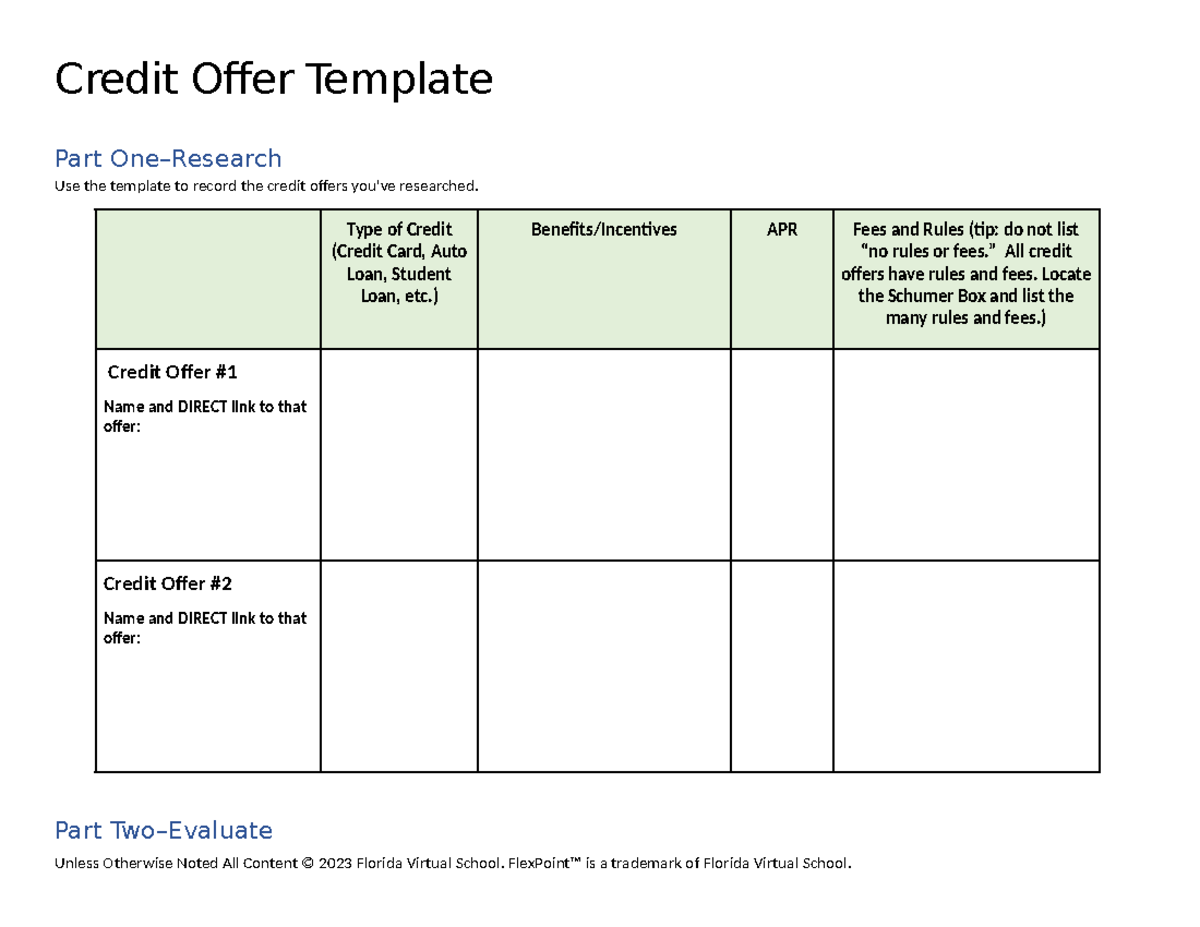 Credit Offer Research Template for Assignment Completion - Studocu