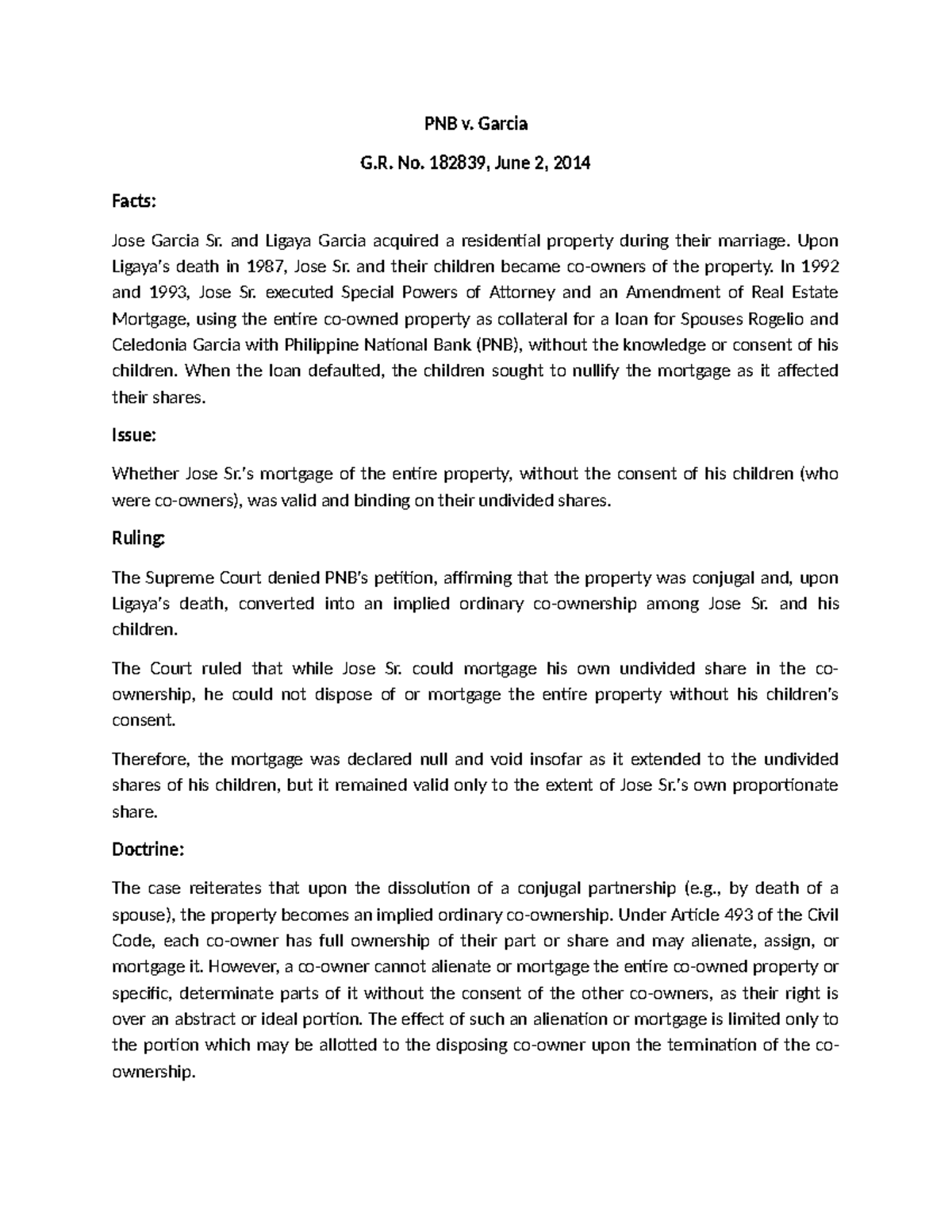 Property Case Digests: PNB v. Garcia, Cordero v. Cabral, & More (SY) - Studocu