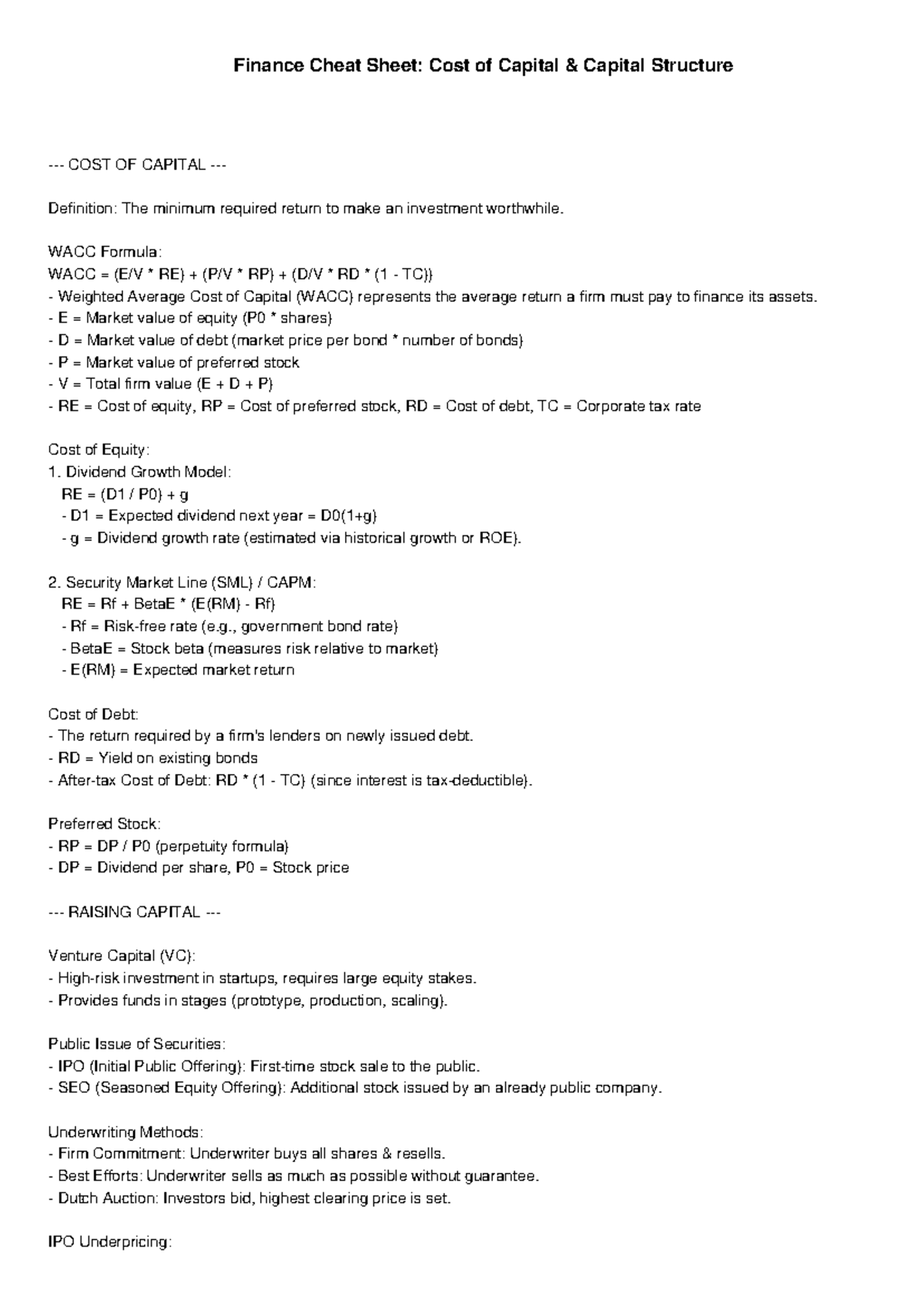 Finance Cheat Sheet: Cost of Capital & Capital Structure - Studocu