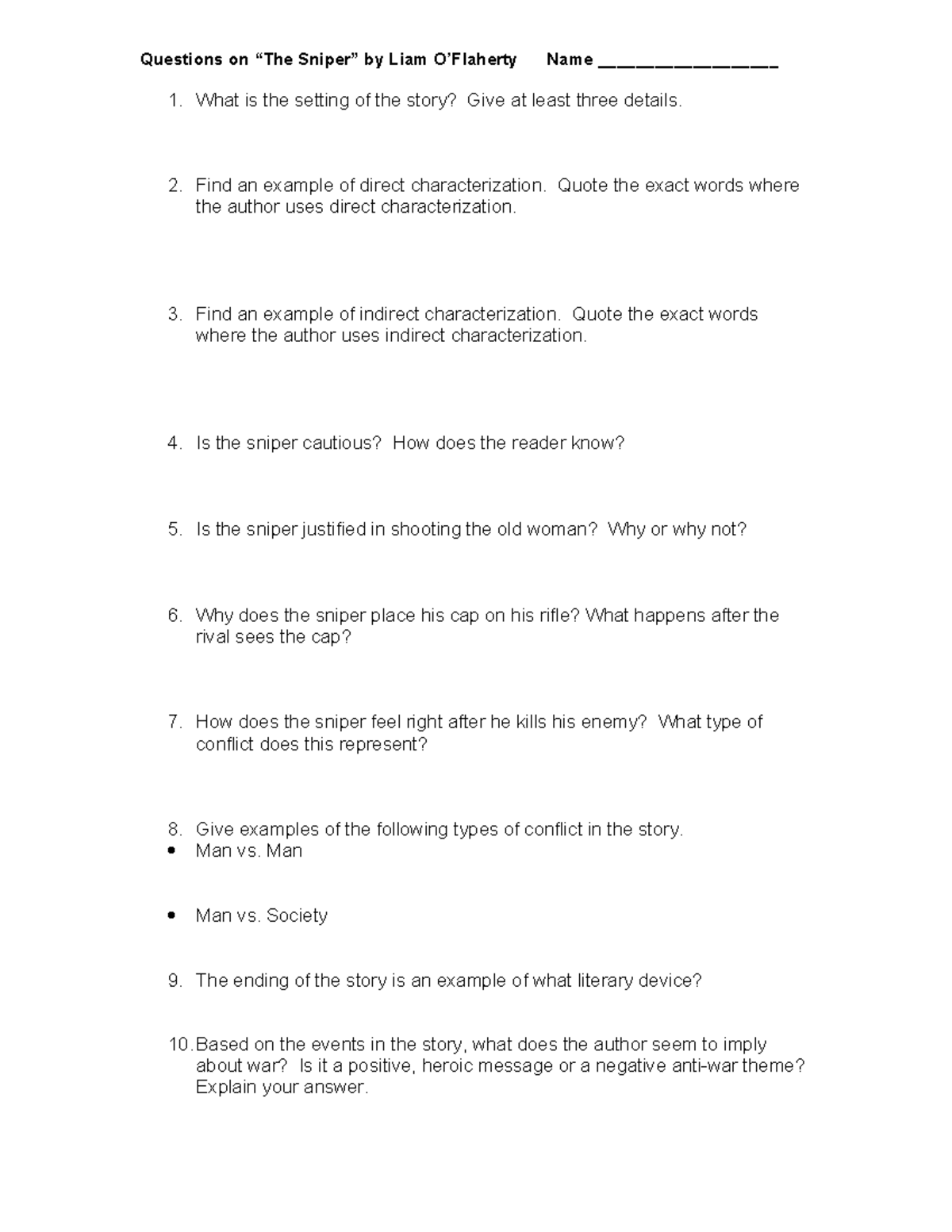 Sniper-questions - Reading comprehension - Questions on “The Sniper” by ...