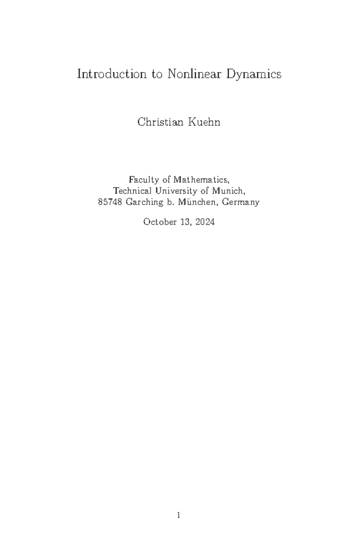 Introduction to Nonlinear Dynamics: Main Lecture Notes (Course Code ...
