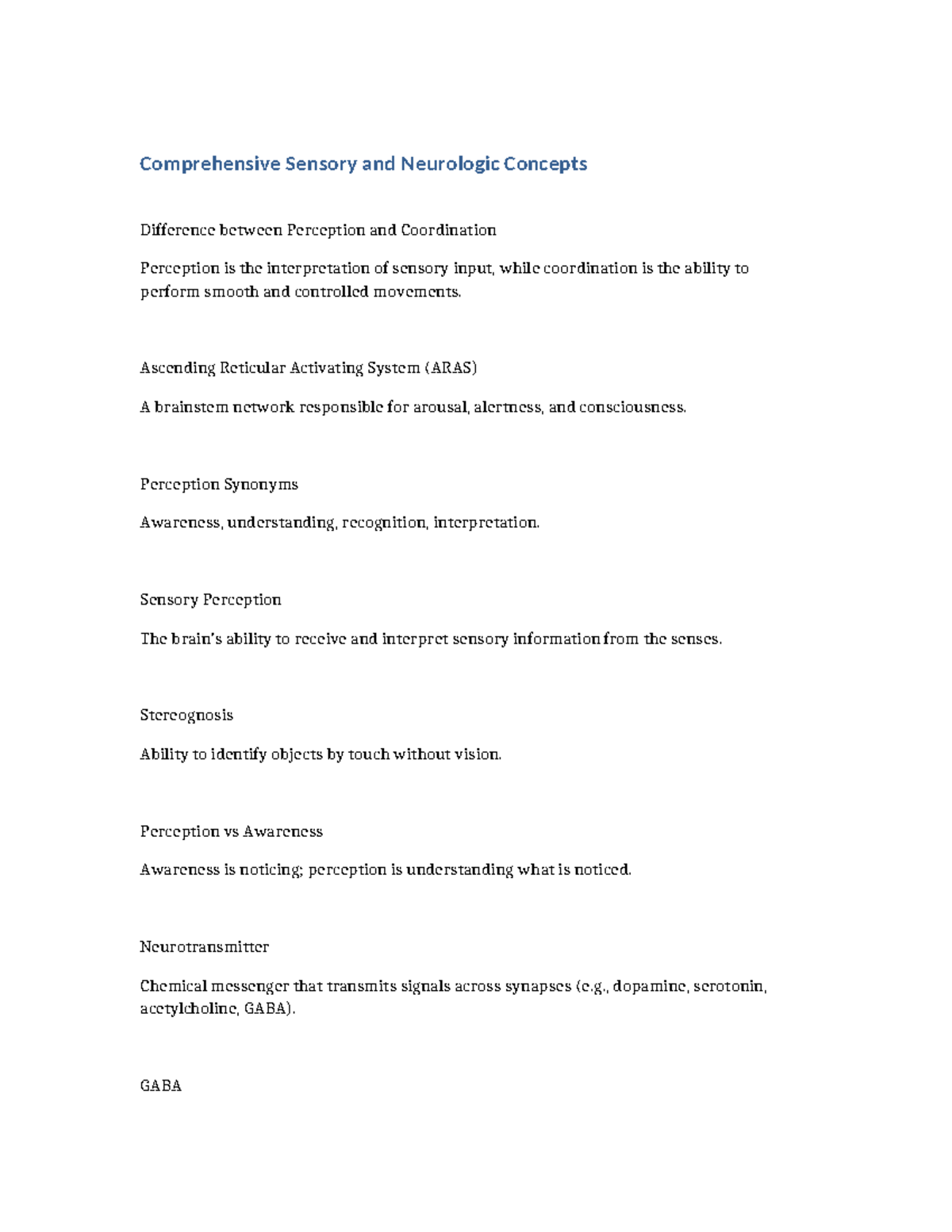 Sensory and Neurologic Concepts: Perception vs Coordination - Studocu