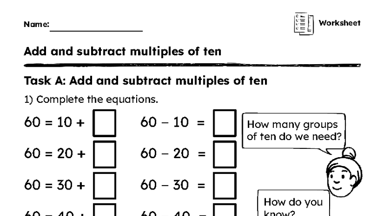 Worksheet: Add & Subtract Multiples of Ten - Task A - Studocu