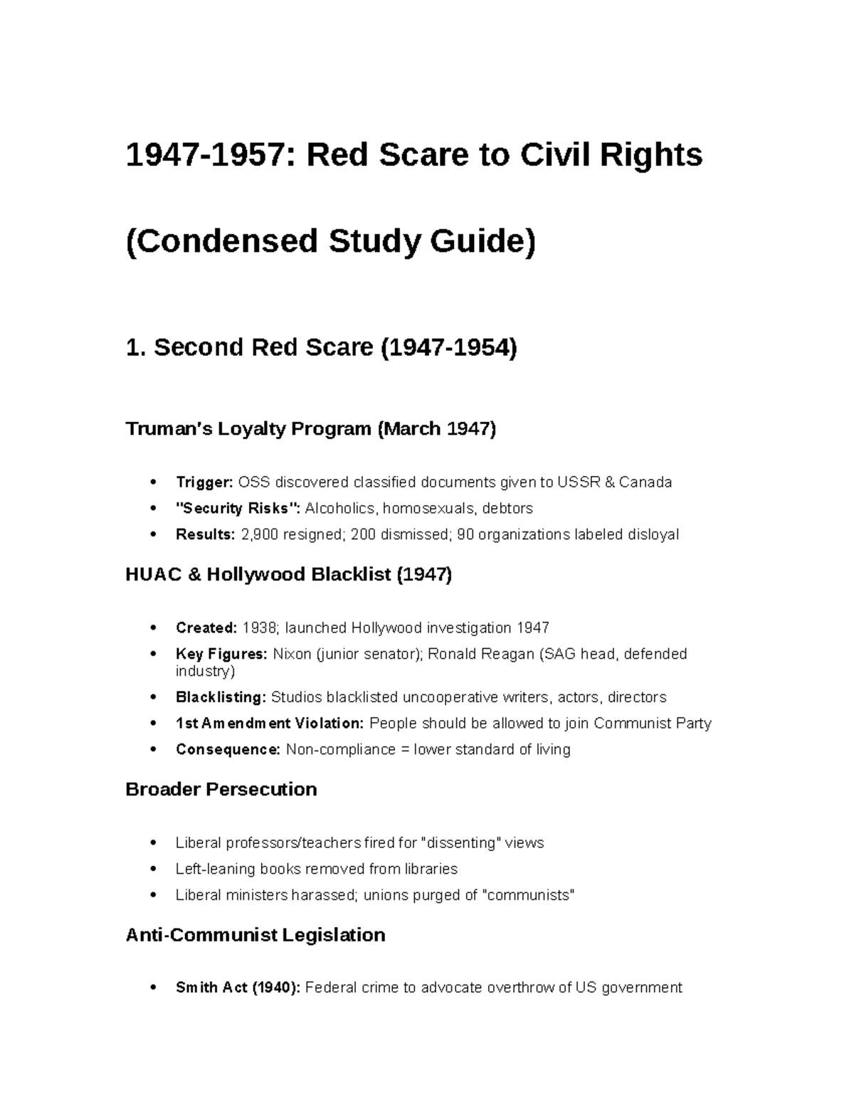 1947-1957 Red Scare to Civil Rights: A Condensed Study Guide - Studocu