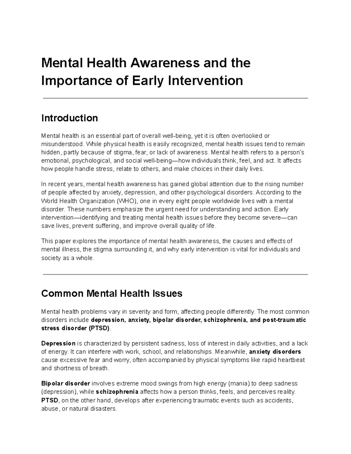 Mental Health Awareness & Early Intervention: A Vital Approach - Studocu