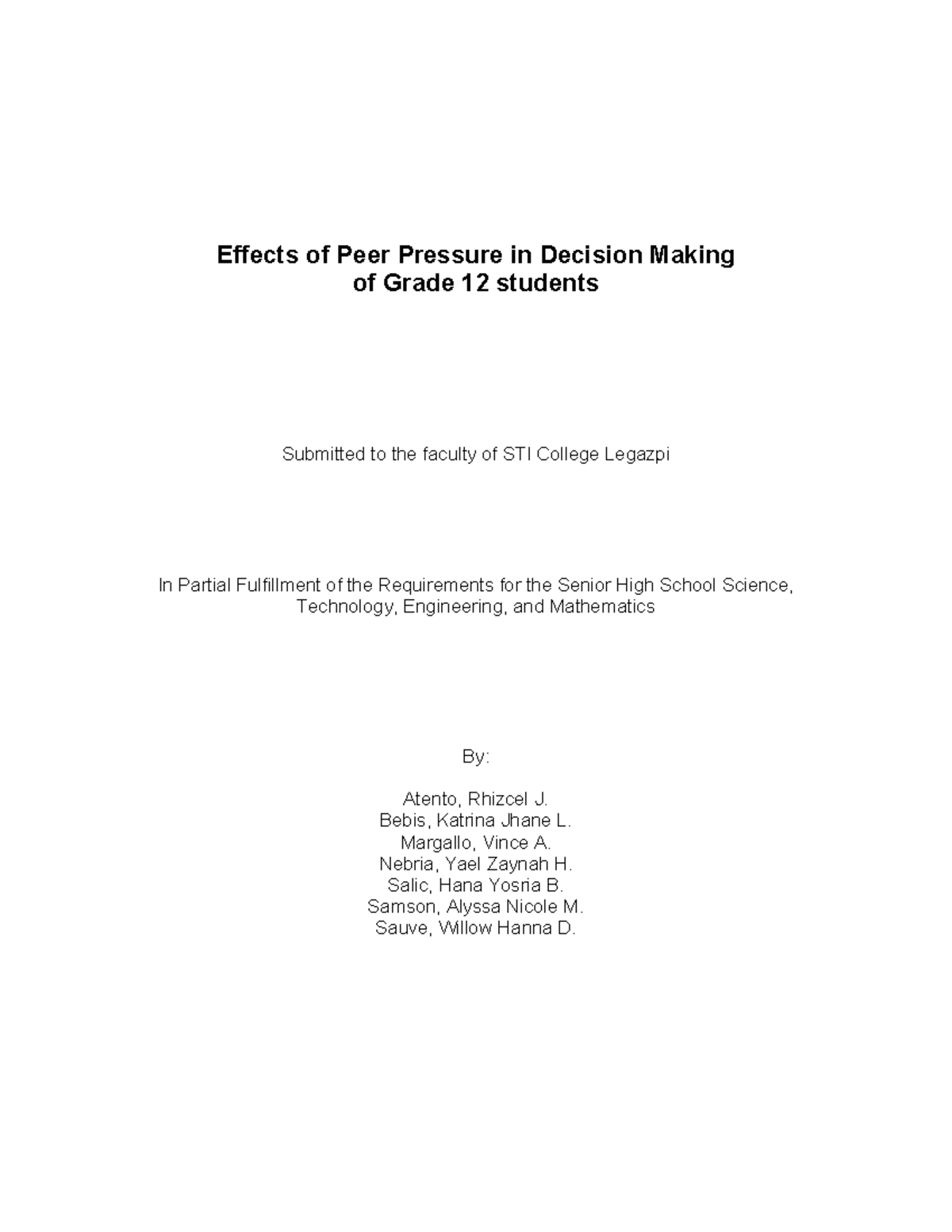Effects of Peer Pressure on Grade 12 Students' Decision-Making - Studocu