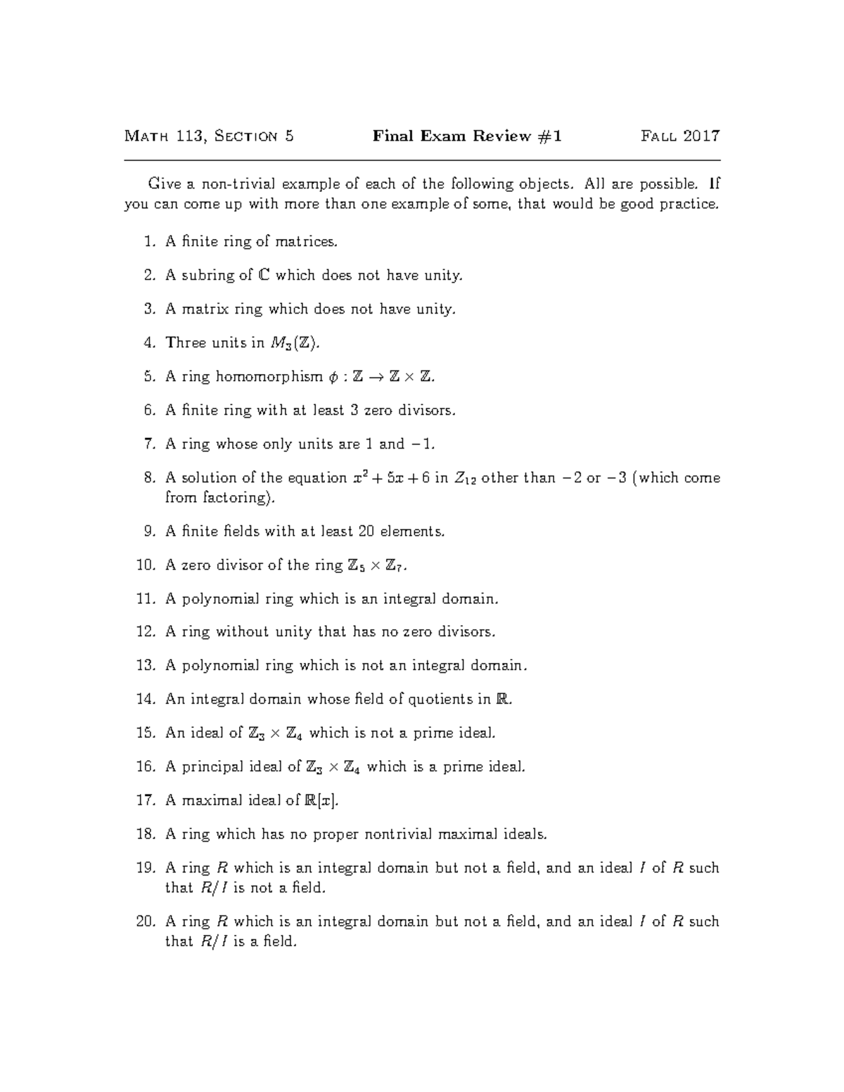 Math 113 Final Exam Review: Key Examples and Concepts - Studocu