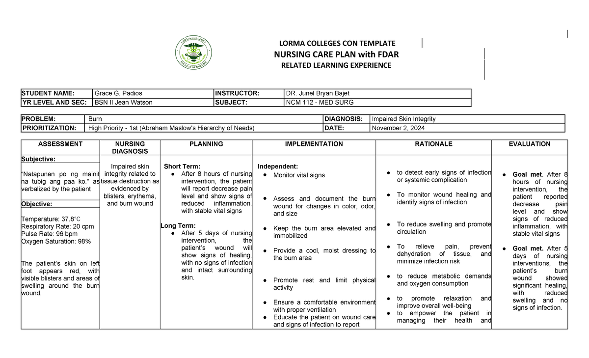 Padios Midterm Act. 2 Burns - LORMA COLLEGES CON TEMPLATE NURSING CARE ...