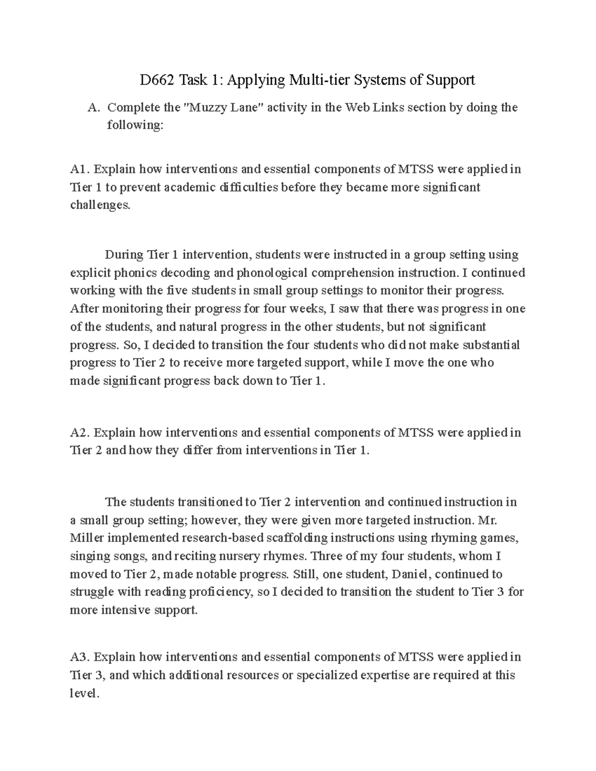 D662 Task 1: Applying Multi-Tiered Systems of Support (MTSS) - Studocu