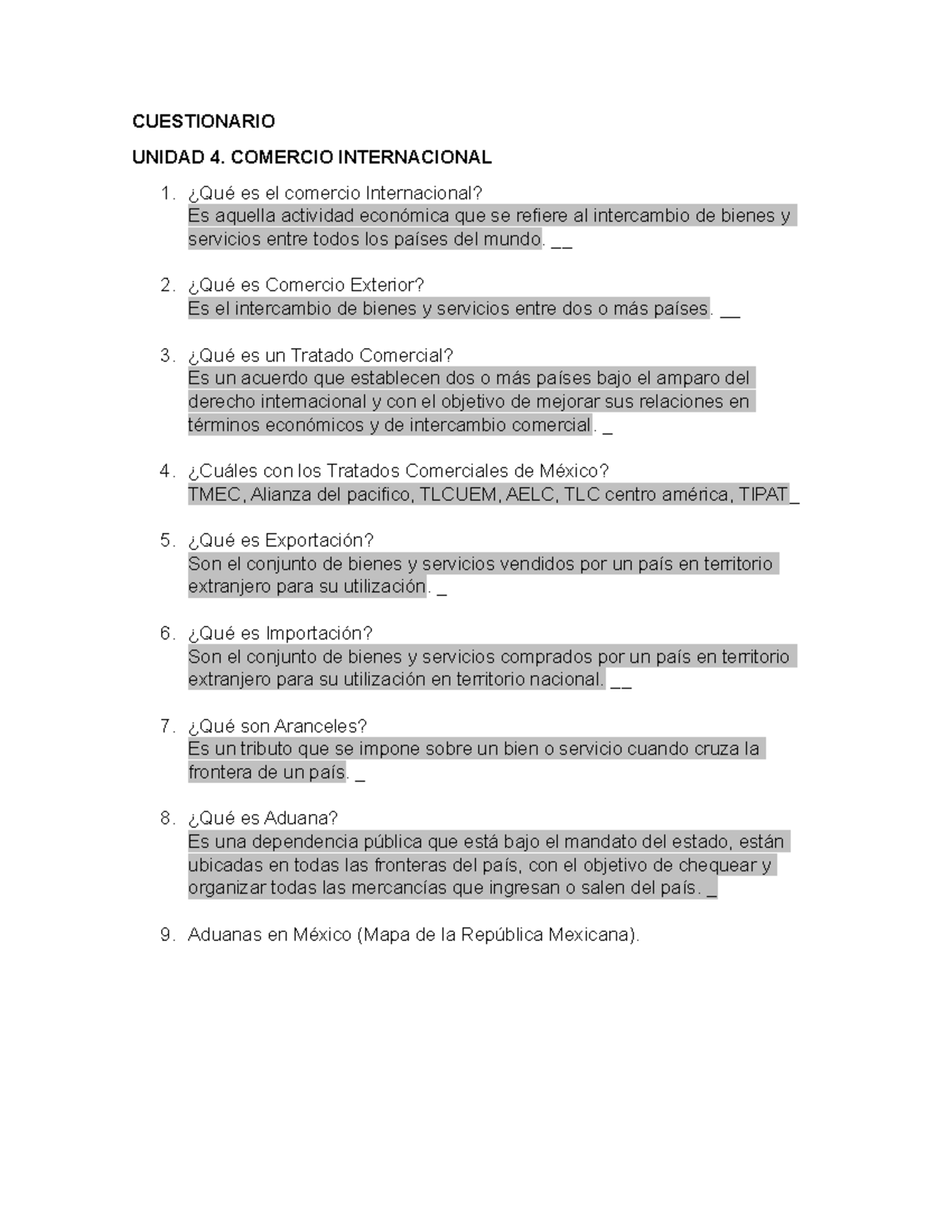 Cuestionario sobre Comercio Internacional - Unidad 4 - Studocu