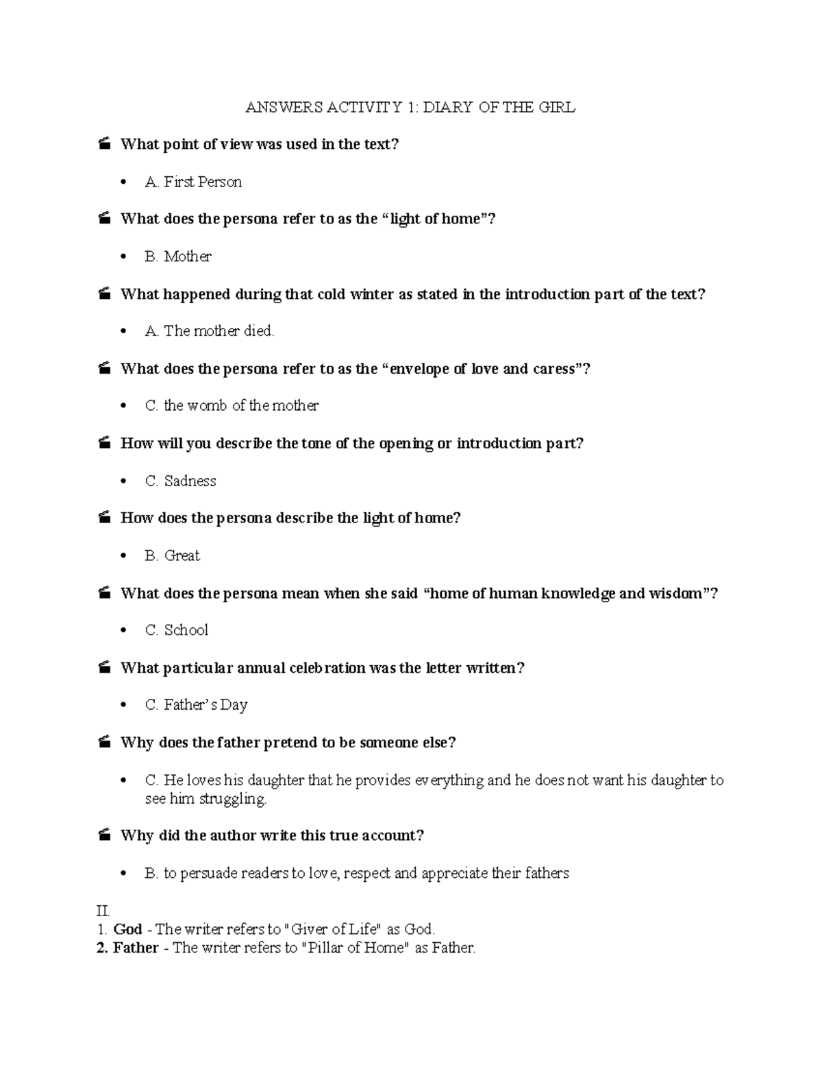 Activity 1 Answers: Diary of the Girl - Point of View & Themes - Studocu