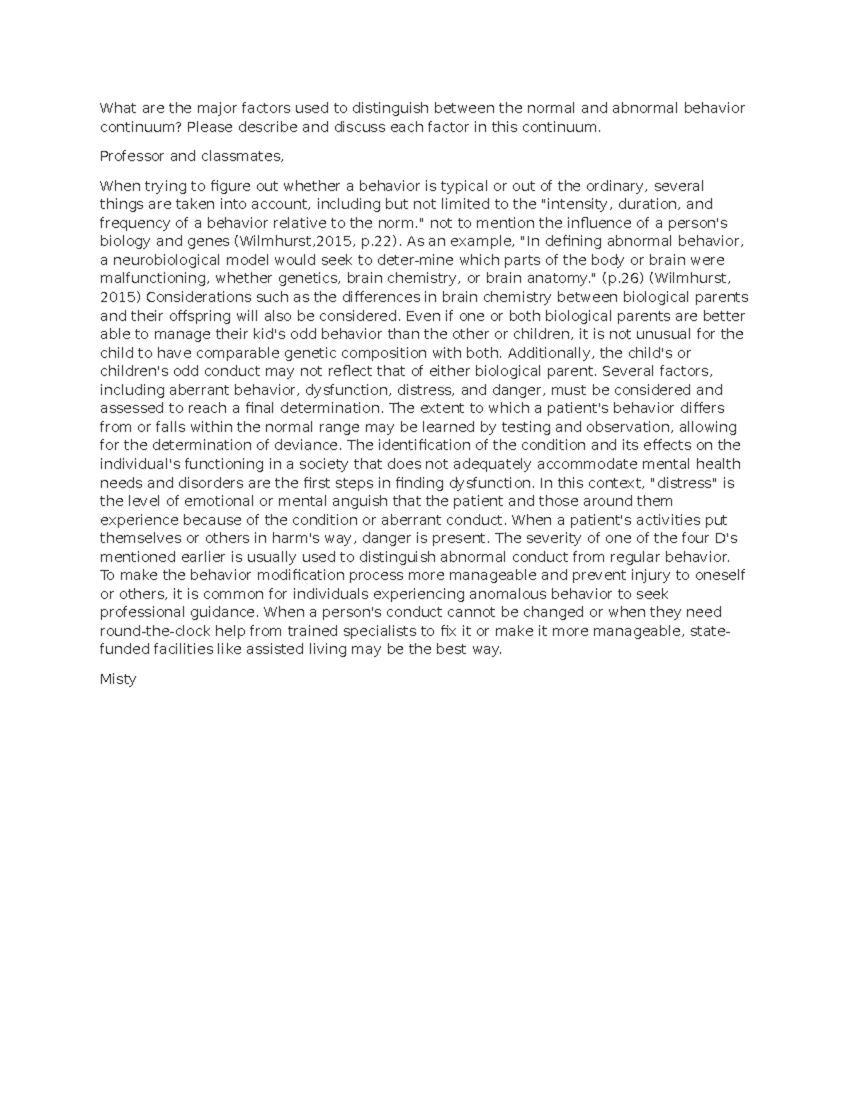 Week 1 DQ1: Distinguishing Normal vs. Abnormal Behavior Factors - Studocu