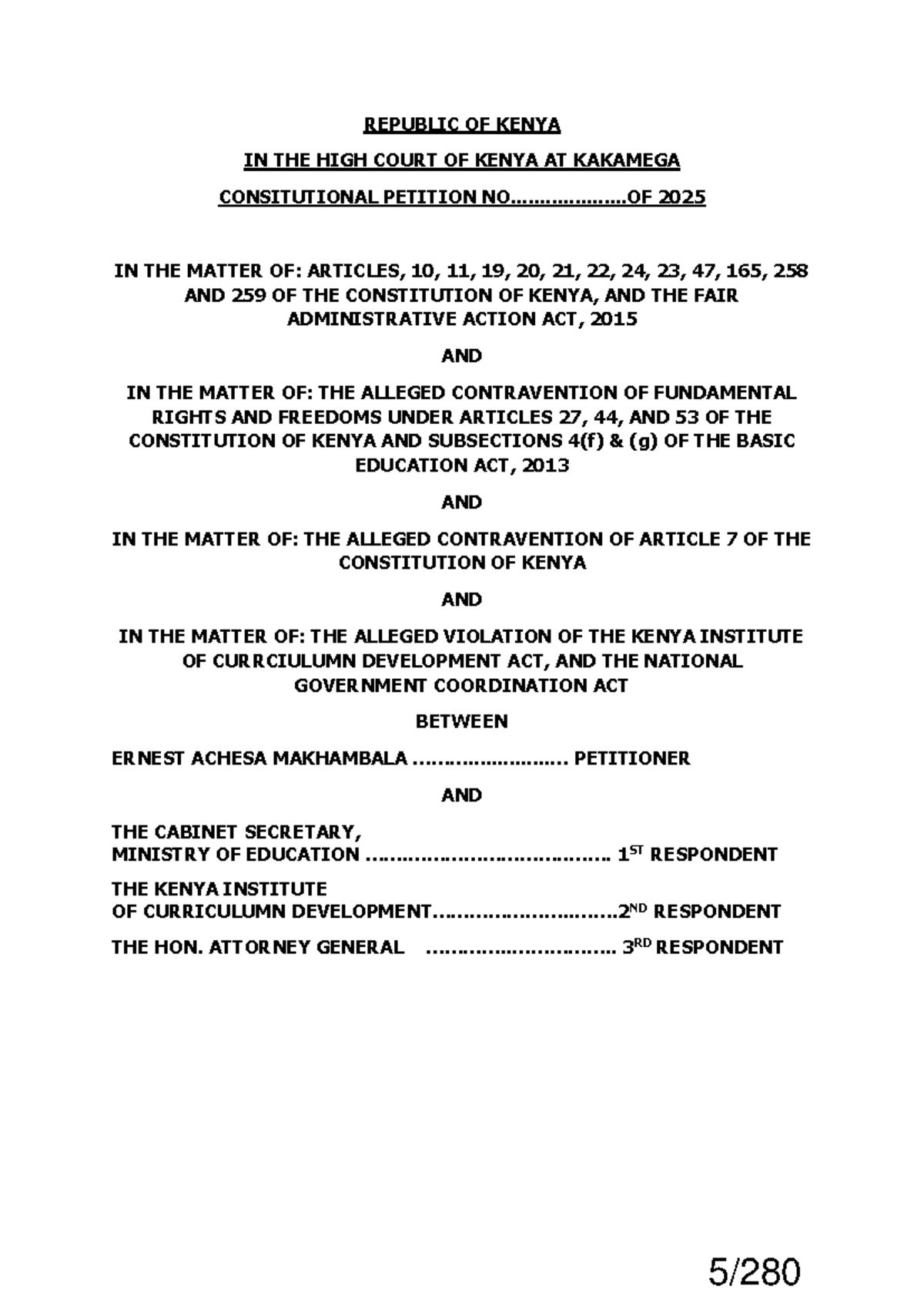 Notice of Motion: Constitutional Petition No. 2025 on Education Rights ...