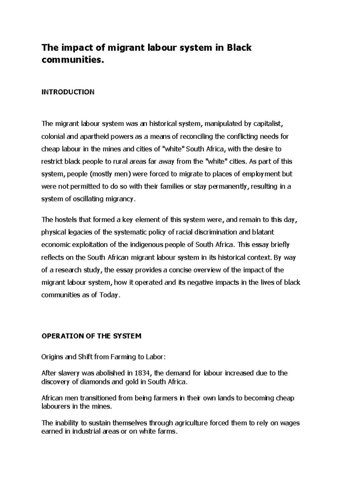 The Impact of the Migrant Labour System on Black Communities - Studocu