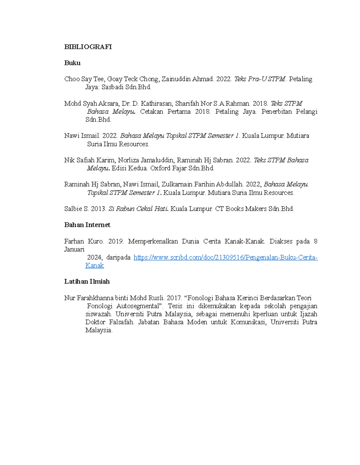 Bibliografi BM S3 STPM: Sumber & Rujukan Bahasa Melayu - Studocu