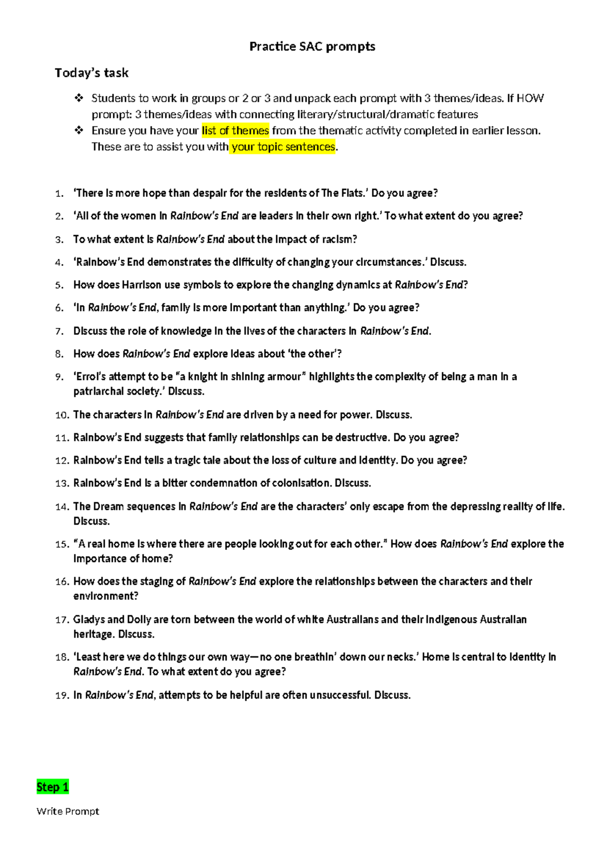 Practice SAC Prompts for End by Jane Harrison: Instructions & Starters ...