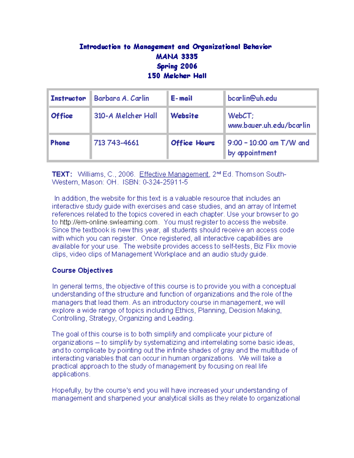 MANA 3335: Intro to Management & Organizational Behavior Syllabus - Studocu