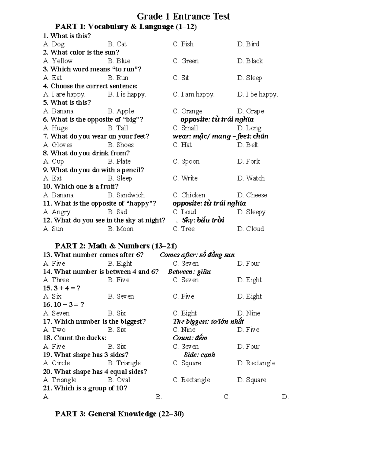 Grade 1 Entrance Test - Vocabulary, Math & General Knowledge - Studocu