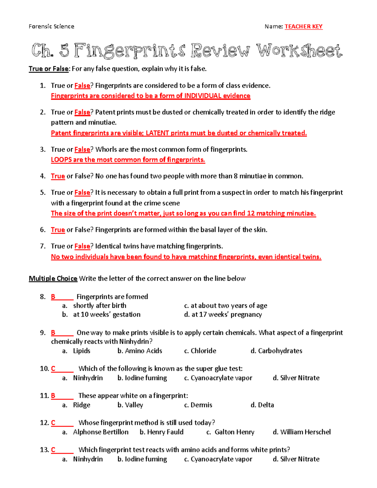 Ch 5 Review Worksheet Answer Key: Forensic Science True/False & MCQ ...