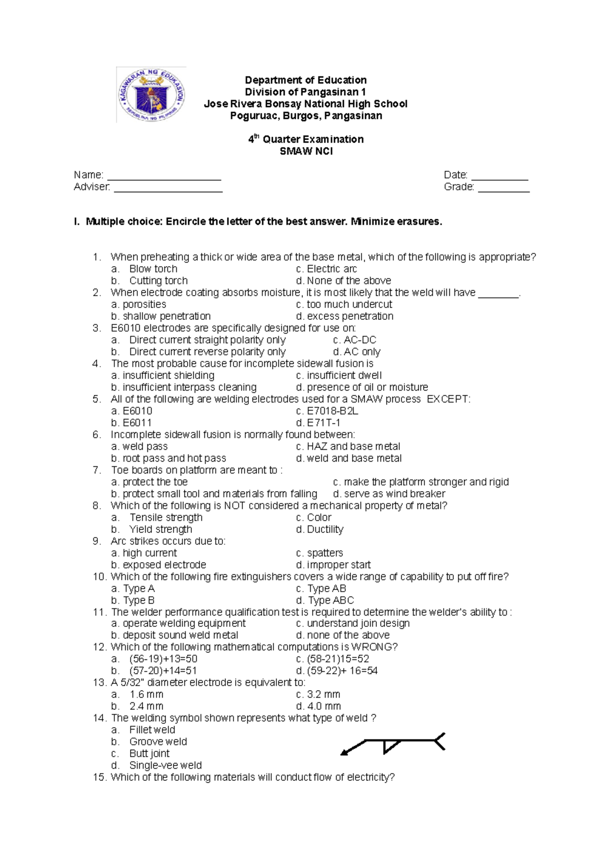 4th Quarter Exam Review for SMAW NCI - Summative Test - Studocu