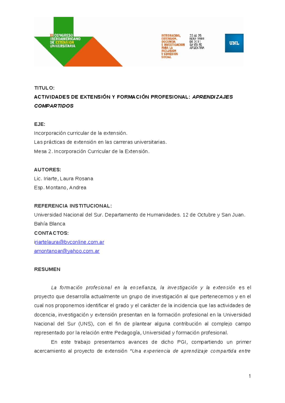 Actividades de extension y f - TITULO: ACTIVIDADES DE EXTENSIÓN Y ...