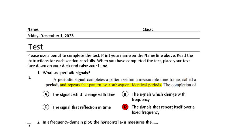 Test on Data Signals - Course Code: DC CH3 - December 1, 2023 - Studocu