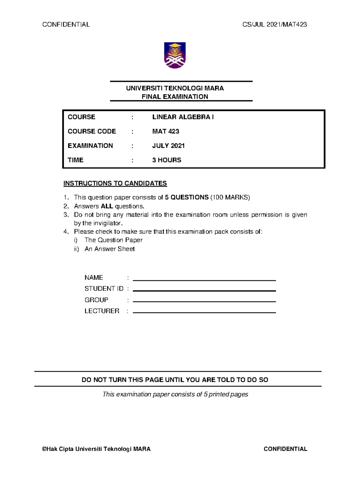 MAT423 Final Exam Paper - Linear Algebra I (July 2021) - Studocu