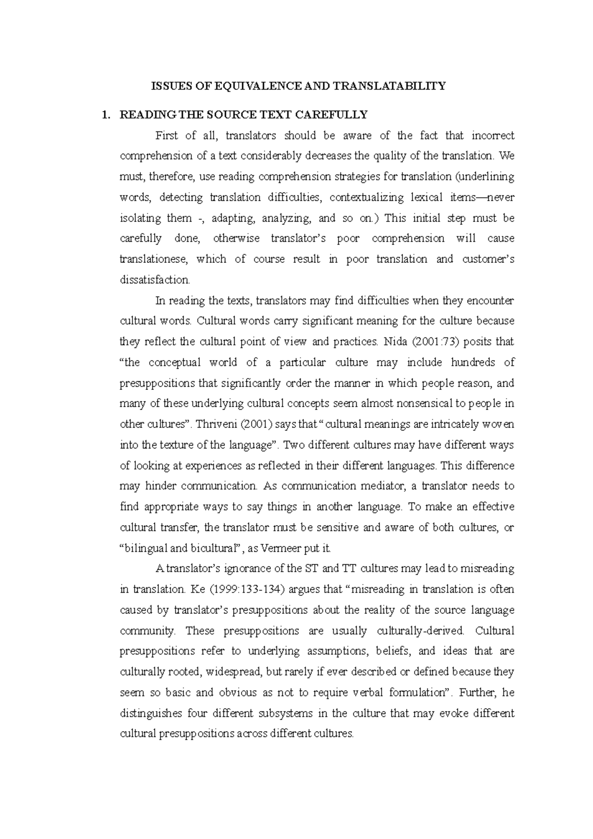 Issues of Equivalence and Translatability in Translation Studies - Studocu