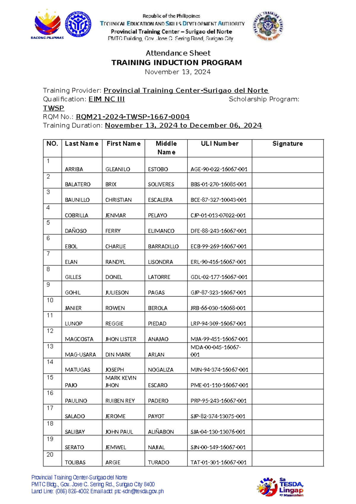 Attendance Sheet for Training Induction Program (TIP) - PTC-SDN - Studocu