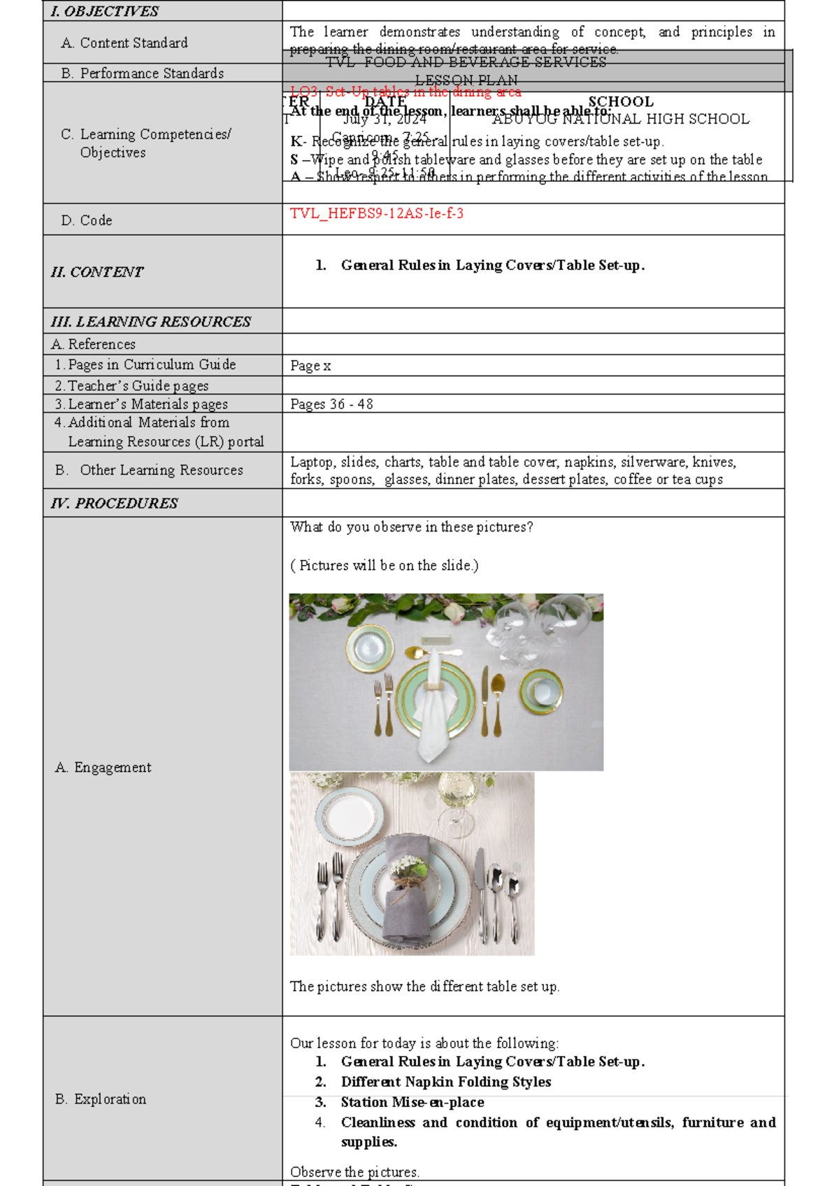 FBS-Q1-LO3 - Lesson Plan for Food & Beverage Services in Grade 12 - Studocu